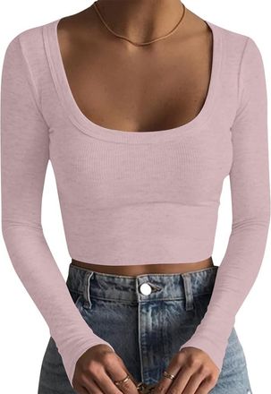 Minetom Damen Langarm T-Shirt mit Quadratischer Ausschnitt Basic Langarmshirt Crop Tops Bauchfrei Oberteile Sweatshirt Pullover Top Herbst Ribbed A Hellrosa S