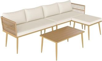 OUTSUNNY Salon de Jardin ext&eacute;rieur en r&eacute;sine tress&eacute;e 5 Places modulable avec 2 canap&eacute;s, Pouf et Table Basse, Coussins d&eacute;houssables Inclus, mobilier de Jardin p