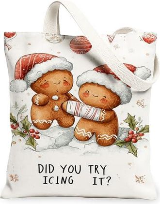 Generic Sacs fourre-tout mignons en toile de pain d&eacute;pices, sacs r&eacute;utilisables, l&eacute;gers pour lhiver, avec bandouli&egrave;re lavable, blanc, 13x15 Inch