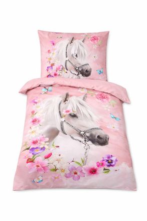 Soma Renforc&eacute; Bettw&auml;sche-Set 2 teilig Bettbezug 2tlg 135x200cm 80x80 Pferde Bettw&auml;sche rosa pink