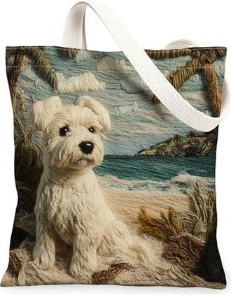 Generic Sac fourre-tout fantaisie Westie en toile pour faire du shopping 33 x 38,1 cm, sac &agrave; bandouli&egrave;re r&eacute;utilisable pour femme, peinture danimaux domestique