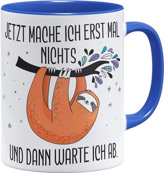 OM3 Ich-mache-erst-mal-nichts-Faultier SLOTH Statement Tasse mit Spruch - Keramik Becher - 11oz 325ml - Beidseitig Bedruckt - Blau