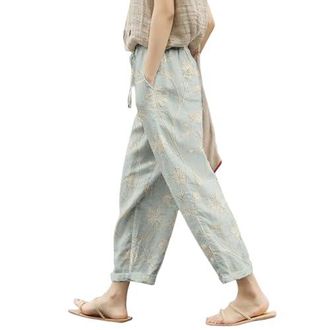 Generic Pantalon Femme Large Fluide Blanc Lin &Eacute;t&eacute; Pantalon D&eacute;contract&eacute; Taille Haute pour Femme avec Ceinture &Eacute;lastique et Poches Imprim&eacute; Lin Automne Vetement 