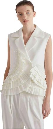 Meimeij Femme, Vestes, Blanc, Taille: 36 FR Gilet crois&eacute; avec ourlet &agrave; volants pliss&eacute;s