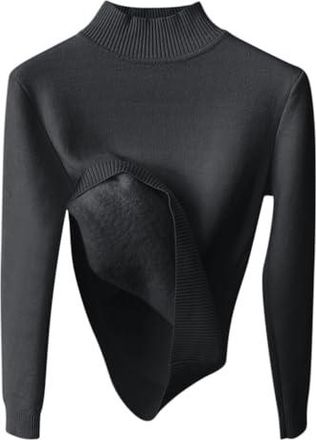 Minetom Pull Col Roulé Femme Pullover Manches Longues Doublé Polaire Pull Basique Chandail Casual Chaud sous-vêtement Thermique Hauts Tops B Noir XS