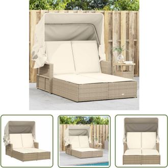 vidaXL Doppel-Sonnenliege mit Dach und Auflagen Beige Poly Rattan - Doppelsonneliege - Liege - Gartenm&ouml;bel - Outdoorm&ouml;bel - Relax Liege - The Living Store