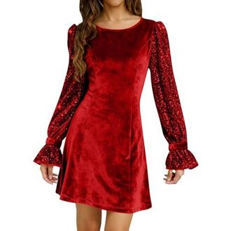 Generic Mini robe en velours &agrave; paillettes pour femme, coupe trap&egrave;ze, manches cloches, manches cloches scintillantes, robe de soir&eacute;e, de cocktail, pour occasio