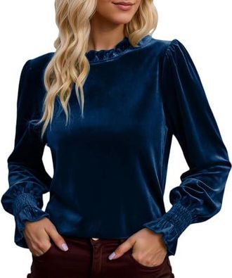 Generico Chemisier d&eacute;contract&eacute; en velours &eacute;l&eacute;gant pour femme, chemisier &eacute;l&eacute;gant en mousseline de soie unie avec col roul&eacute; et manches bouffantes avec volants, c