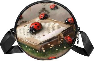 Generic Petit sac &agrave; bandouli&egrave;re rond pour femme, sac &agrave; bandouli&egrave;re avec fermeture &eacute;clair, bretelles r&eacute;glables, style d&eacute;contract&eacute;, motif coccinelles, marguerit