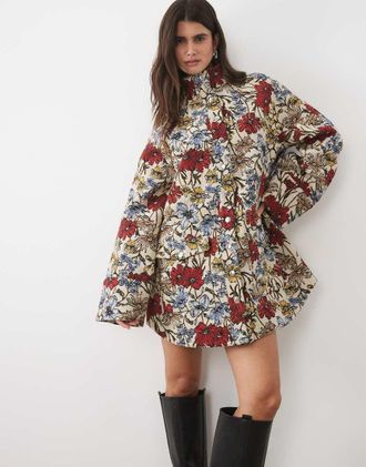 Asos Oversize-Minikleid aus Twill mit Stehkragen und Taschen in Rose Tapestry-Multi