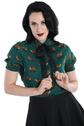 Hell Bunny Vixey Fuchs Retro Vintage 1950er Jahre Bluse Oberteil - Grün (3XL)