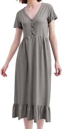 Generic Robe d&eacute;t&eacute; pour femme avec boutons de couleur unie, manches courtes, en coton et lin, patchwork pliss&eacute;, robe d&eacute;t&eacute;, robe boh&egrave;me, robe ample pour les vac