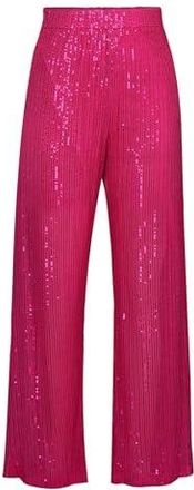 Generic Pantalon droit d&eacute;contract&eacute; &agrave; paillettes de couleur unie pour femme, rose vif, S