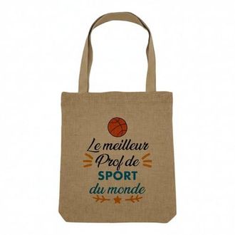 Fabulous Sac Shopping Tote Bag Aspect Lin - Le Meilleur Prof de Sport du Monde Basket Ballon Equipe - Sac de Courses Toile Epaisse 360g Beige Naturel Cabas Por