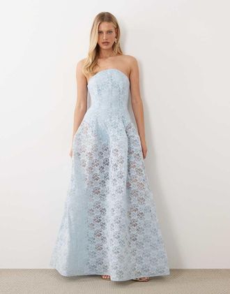 Asos Robe bandeau mi-longue de qualit&eacute; sup&eacute;rieure avec jupe &eacute;vas&eacute;e en dentelle - Bleu