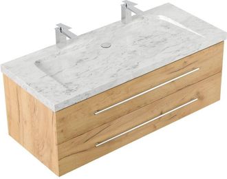 Magnolia Home Badm&ouml;bel Marmor Carrara White Damo 130 cm 2 Hahnl&ouml;cher SoftClose eiche gold