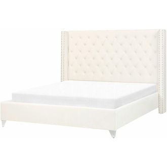 Beliani Bett Cremewei&szlig; Samt mit Lattenrost 160 x 200 cm Hohes Gestepptes Kopfteil Knopfheftung Nieten Chesterfield Stil Retro Doppelbett Schlafzimmer