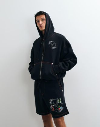 True Religion Hoodie mit Buddha-Gesicht-Print auf der R&uuml;ckseite, kastiger Passform und Rei&szlig;verschluss in Schwarz, Co-ord