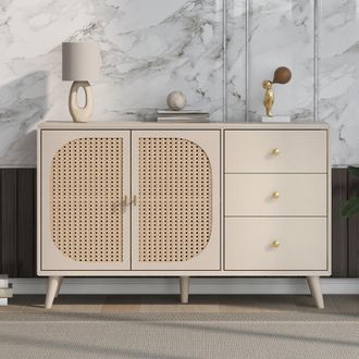 Generic LZPUOUI Sideboard Offwhite 120 X 40 X 82.5 cm BxHxT 2 T&uuml;ren 3 Schubladen Push to Open Rattan T&uuml;ren K&uuml;chenschrank Stauraum Buffetschrank K&uuml;chenbuffet F