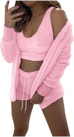 Generic Pyjama &agrave; manches longues et short de luxe en peluche douce pour femme - V&ecirc;tement dint&eacute;rieur en tissu &eacute;ponge 100 % coton - Robe de chambre dhiver, rose