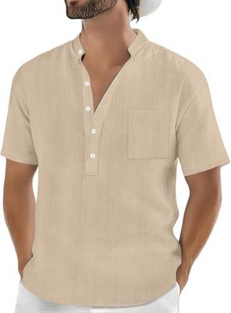 Generic Chemise en coton et lin pour homme - Hauts de sport 2026 - D&eacute;contract&eacute; et tendance - Couleur unie - Noeud imitation lin - T-shirt ample &agrave; manches cour