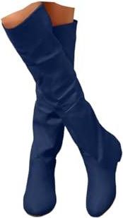 Generic Bottes plates au genou pour femme, bottes mi-mollet souples &agrave; talon bas avec fermeture &eacute;clair lat&eacute;rale, bout rond, en cuir vintage, longues bottines h