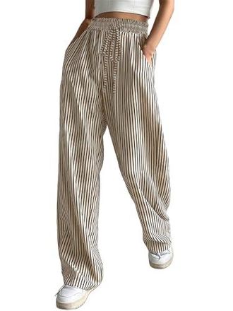 Generic Pantalon d&eacute;contract&eacute; &agrave; rayures pour femme avec cordon de serrage et poches, marron, XXL
