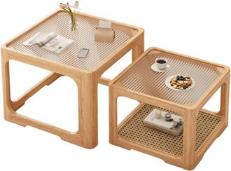 Generic Couchtische Quadratisch Massivholz und Glass Kombination Wohnzimmertische Abnehmbare Glasplatte Höhenversetztes Design Überlappende Ablage Stubentisch