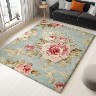 Generic Tapis Lavable en Machine Vintage Roses Motif, Imprim&eacute; Antid&eacute;rapant Tapis 60 x 110 cm pour Salon Chambre denfant Chambre de Gamer Sol d&eacute;corer, Bleu Cla