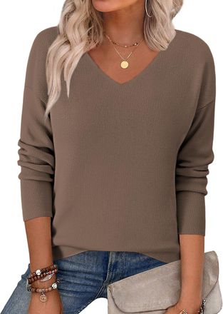 Zeagoo Pullover Damen Elegant Strickpullover Langarm V-Ausschnitt L&auml;ssiges Stricken Pulli Winter Sweatshirt Einfarbig Oberteile Braun M