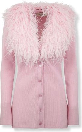Blumarine Femme, Pulls, Rose, Taille: 42 FR Wool Cardigan With Feather Collar