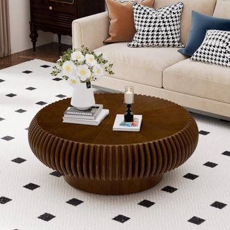 Generic Runder Couchtisch in Trommelform, moderner, einzigartiger, handgefertigter Couchtisch mit geriffelter Oberfl&auml;che und stabilem Sockel, zeitgen&ouml;ssischer