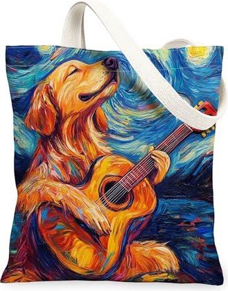 Generic Golden Retriever Sac fourre-tout en toile r&eacute;utilisable pour faire ses courses 33 x 38,1 cm, motif guitare &eacute;toil&eacute;e, sac d&eacute;picerie r&eacute;utilisable pour fem