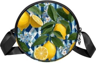 Generic Sac &agrave; bandouli&egrave;re circulaire pour femme, imprim&eacute; citrons &agrave; rayures bleues, petit sac &agrave; dos &agrave; bandouli&egrave;re avec fermeture &eacute;clair, bretelles r&eacute;glables, s