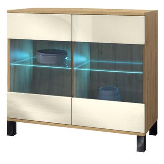 Vladon Kommode Bari V3, Moderner Küchenschrank mit 2 großen Glastüren inkl. RGB Beleuchtung Eiche Evoke/Creme Hochglanz (92,5 x 84.5 x 35)