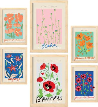 Nacnic Set von 6 Frühlingsblumen-Plakaten. Sammlung von Platten mit ästhetischer Collage für Innendekoration. Größen A3 und A4. Klarer Holzrahmen