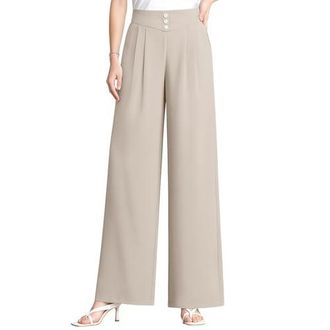 Generic Pantalon large pour femme de plus de 50 ans - Pantalon doux et fluide &agrave; taille haute &agrave; enfiler et drap&eacute; extensible, beige, 4XL