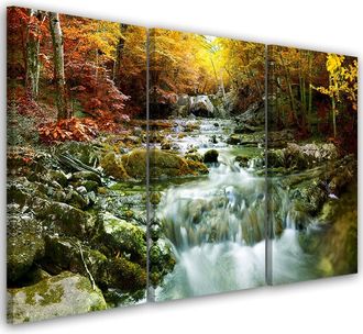 Feeby 3-teilig Vlies Leinwandbild 90x60 cm Wald im Herbst Bäume Kaskade Natur Wanddeko Design Kunstdruck Zimmerdeko Bilderwand Wasserfall Bach Felsbrocken O