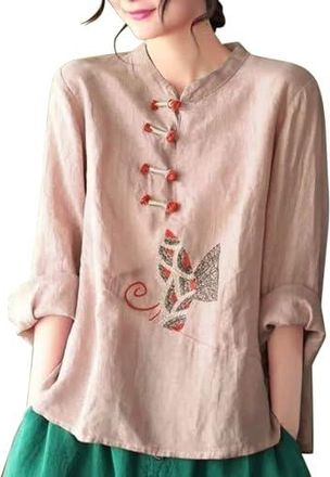 Generic Chemises Qipao brodées pour femme - Élégantes à manches longues - Col mandarin - Boutons grenouille - Haut Cheongsam chinois oriental - Vêtements trad