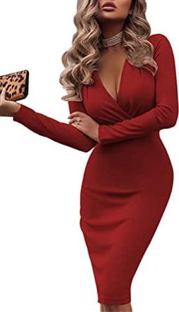 ORANDESIGNE Robe de Soirée Cocktail Sexy Crayon Moulante Vintage Robe Crayon Pin up Mancheron Droite Sexy Courte Col Deep V à Manches Longues Robe Clubbing Décoll
