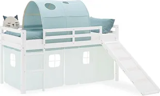Homestyle4u Hochbett mit Rutsche 90x200 cm Wei&szlig;, Kinderbett aus Holz Kiefer, mit Tunnel Vorhang Mintgr&uuml;n | Artikel 2934