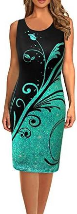 Generic Robes amincissantes d&eacute;t&eacute; pour femmes, robe mince imprim&eacute;e, sans manches, &eacute;charpe &agrave; col rond, jupe longue, Vert, XXL