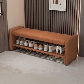 Generic 23,6 Zoll Große Luxus-Wellenbank Am Bettende, Schuhaufbewahrungsbank Aus Leder Mit Offenem Regal Aus Massivholz(Color C,Width 39.4inch/100cm)