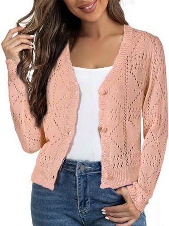 Allegra K Cardigan court &agrave; manches longues en tricot boutonn&eacute; &agrave; col en V pour femme, Rose p&ecirc;che, M