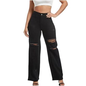 Generic Jean pour femme - Coupe droite - Baggy - Taille haute - Pantalon en denim d&eacute;chir&eacute; - &Eacute;l&eacute;gant - Confortable - Jambes larges - Grandes tailles - Y2K Stre