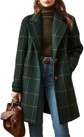 Generic Trench dhiver &agrave; col crant&eacute; pour femme - Col crant&eacute; - Col crant&eacute; - Col crant&eacute; - Simple boutonnage - M&eacute;lange de laine - Veste mi-longue - Caban, Vert, 4