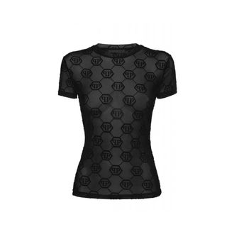 Philipp Plein T&uuml;ll-T-Shirt Rundhals SS Monogram - - Tops - Damen - Schwarzk - M