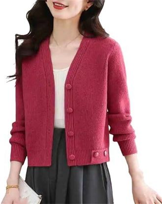 Generic Pull court &agrave; col en V pour femme - Cardigan de printemps en tricot - Petit manteau, rose, Taille XS