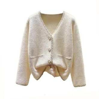 Generic Veste tendance &agrave; col en V pour femme - Cardigan blanc doux et ample &agrave; boutons - Tricot printanier, Blanc, XXL