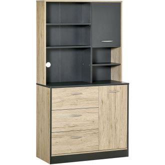 HOMCOM Armoire de cuisine multi-rangements 2 portes 3 tiroirs 3 &eacute;tag&egrave;res + grand plateau 90L x 39l x 169H cm bicolore ch&ecirc;ne clair gris